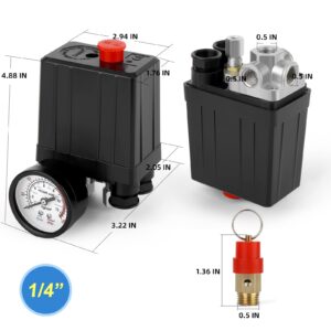 MEANLIN MEASURE Air Compressor Pressure Switch Control Valve 90-120 PSI 110V-240V 4-way Replacement Parts With 0-180 Pressure gauge and Safety Pressure Relief Valve