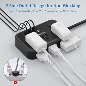 Flat Plug Extension Cord 15 Ft, NTONPOWER 6 Widely Spaced Outlet(2 Side) Power Strip with 4 USB Ports, Wall Mount Charging Station, Overload Protection for Home Office, Dorm Room and Nightstand-Black…