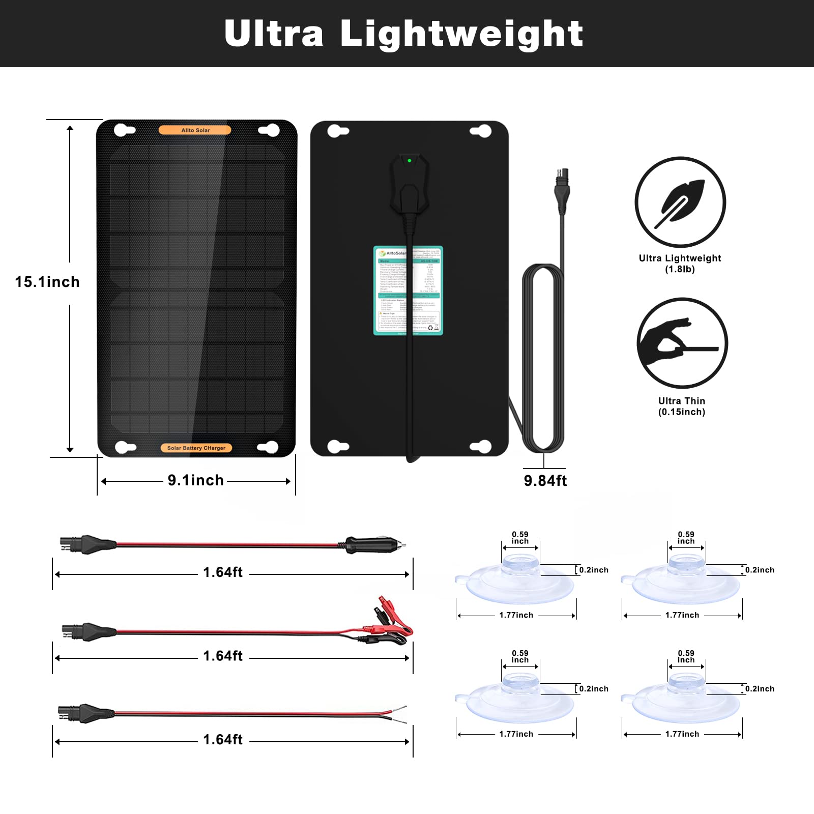 Allto Solar 10W 12V Solar Trickle Charger & Maintainer, 10 Watt 12 Volt Solar Battery Charger with Built in MPPT Charge Controller + Visual LED Indicator for Car, Boat, Motorcycle, RV, ATV