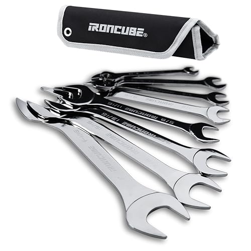 ironcube Super Thin Wrench Set, 8-Piece, SAE, 1/4 to 1-1/16, Double Open End, Slim Wrench Set With Rolling Pouch For Auto Repairs in Tight Spaces.