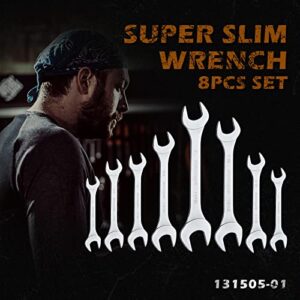 ironcube Super Thin Wrench Set, 8-Piece, SAE, 1/4 to 1-1/16, Double Open End, Slim Wrench Set With Rolling Pouch For Auto Repairs in Tight Spaces.