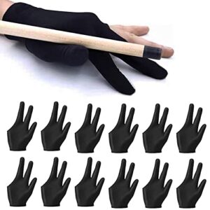 12pieces billiard gloves breathable 3-finger cue pool glove elastic nylon universal sport gloves for women and men left & right hand billiard accessories(black)