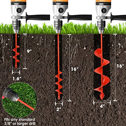 ACROTOL Upgrade Auger Drill Bit for Planting 1.6inchx9inch 2inchx16inch and 4inchx16inch, 3 Pieces Garden Auger Spiral Drill Bit for 1.6inchx9inch 2inchx16inch 4inchx16inch