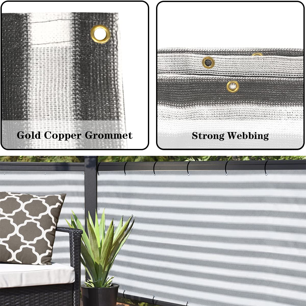 Vocray 3' x 16' Grey White Balcony Privacy Screen Fence Cover UV Resistant Protection Heavy Duty for Deck, Patio, Backyard, Railing Shield, Cable Ties Included, 90%