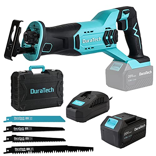 DURATECH Cordless Reciprocating Saw with 20V 4.0Ah Li-Ion Battery, 3000SPM, 7/8" Stroke Length, Variable Speed, Tool-Free Blade Change, 4 Saw Blades for Wood & Metal Cutting