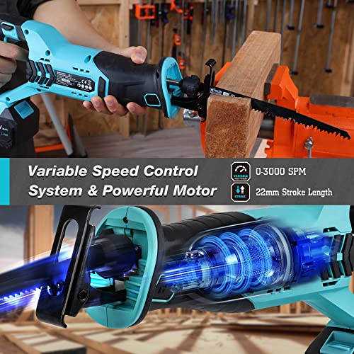 DURATECH Cordless Reciprocating Saw with 20V 4.0Ah Li-Ion Battery, 3000SPM, 7/8" Stroke Length, Variable Speed, Tool-Free Blade Change, 4 Saw Blades for Wood & Metal Cutting