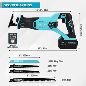 DURATECH Cordless Reciprocating Saw with 20V 4.0Ah Li-Ion Battery, 3000SPM, 7/8" Stroke Length, Variable Speed, Tool-Free Blade Change, 4 Saw Blades for Wood & Metal Cutting