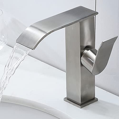 Comllen Brushed Nickel Waterfall Spout Bathroom Faucet, Single Handle Bathroom Sink Faucet Single Hole Bathroom Faucets for Sink 1 Hole Vanity Sink Faucet Rv Lavatory Vessel Faucet