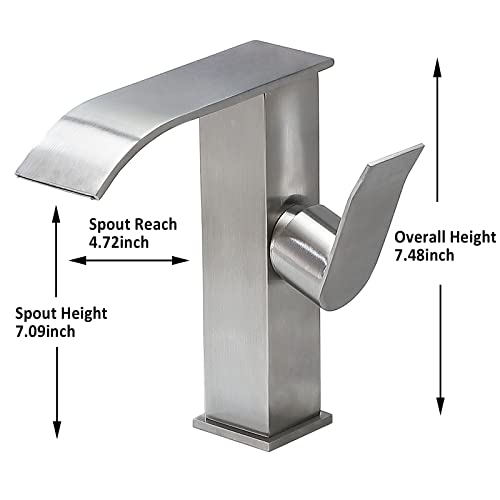 Comllen Brushed Nickel Waterfall Spout Bathroom Faucet, Single Handle Bathroom Sink Faucet Single Hole Bathroom Faucets for Sink 1 Hole Vanity Sink Faucet Rv Lavatory Vessel Faucet