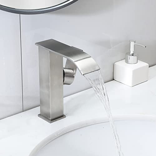 Comllen Brushed Nickel Waterfall Spout Bathroom Faucet, Single Handle Bathroom Sink Faucet Single Hole Bathroom Faucets for Sink 1 Hole Vanity Sink Faucet Rv Lavatory Vessel Faucet