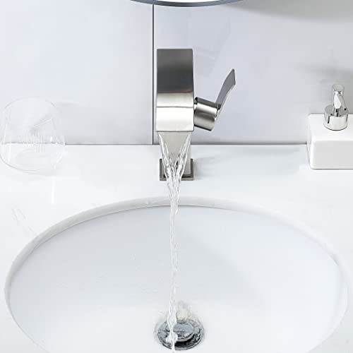 Comllen Brushed Nickel Waterfall Spout Bathroom Faucet, Single Handle Bathroom Sink Faucet Single Hole Bathroom Faucets for Sink 1 Hole Vanity Sink Faucet Rv Lavatory Vessel Faucet