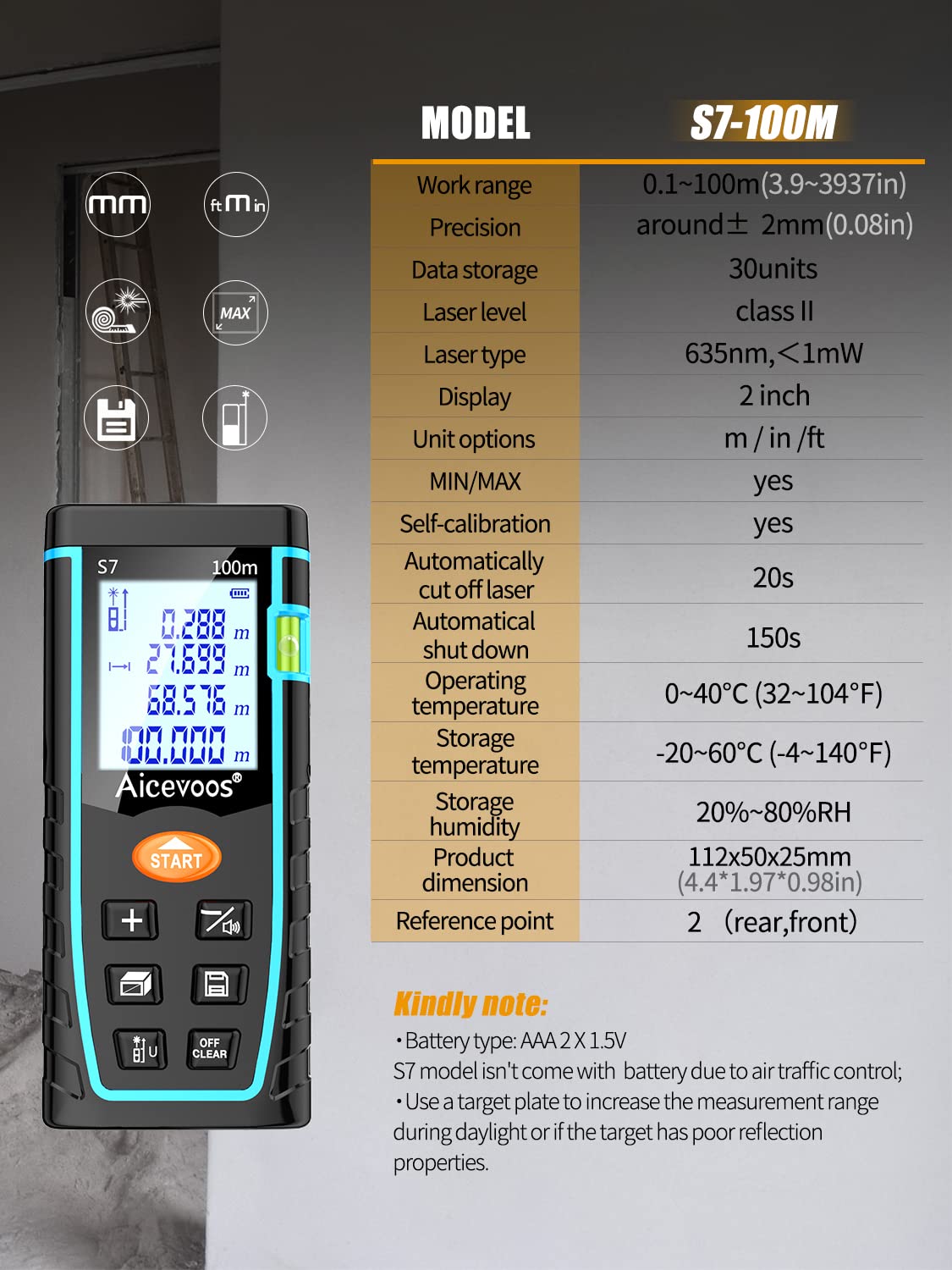 Aicevoos Laser Measure 165ft,Digital Laser Distance Meter, M/in/Ft Unit Switching Backlit LCD 4 Line Display IP54 Shockproof,Measure Distance, Area and Volume | 50M