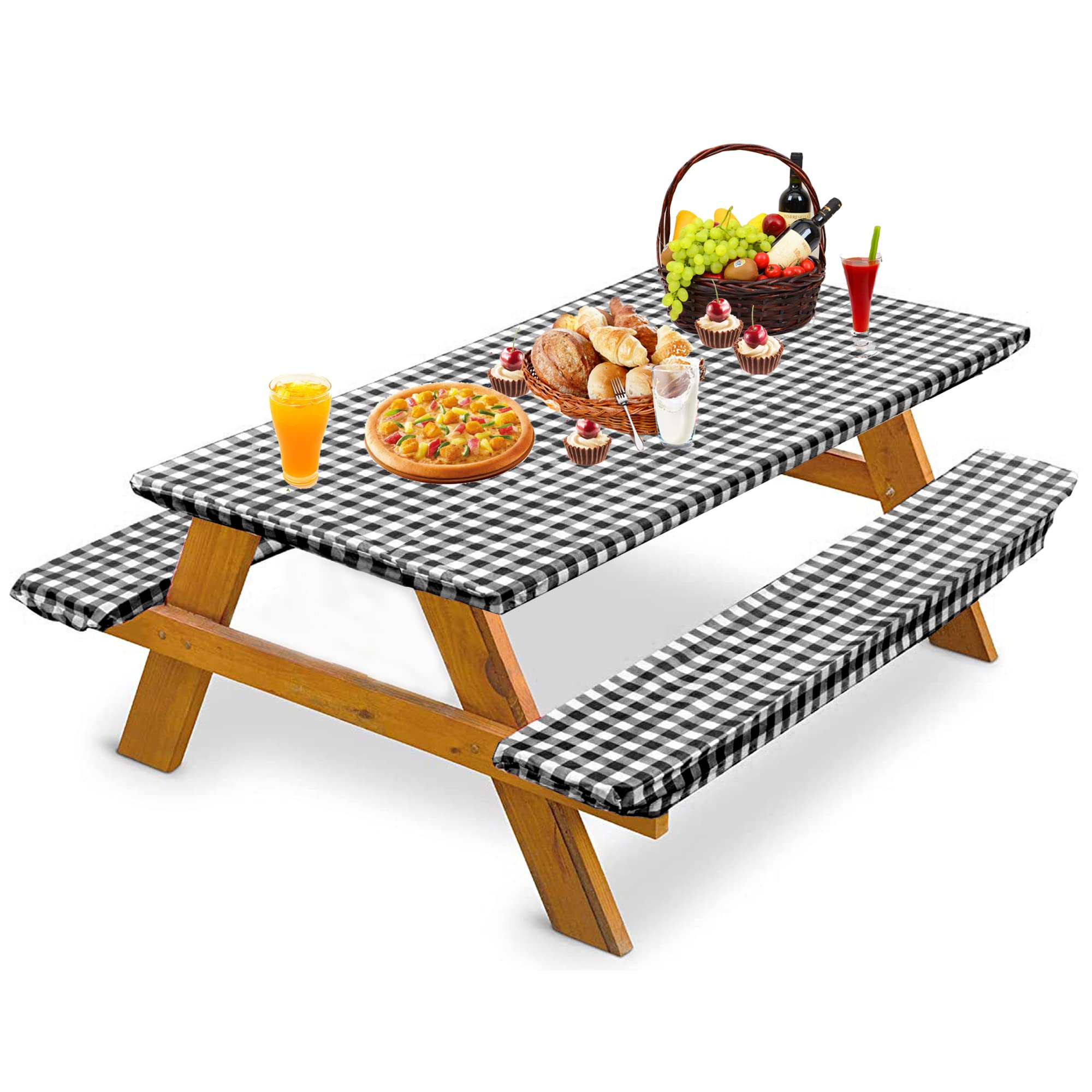 8ft Picnic Table Covers with Bench Cover 96"x30" , 8 Foot Tables Picnic Table Cover 3-Piece Set Flannel Backing Elastic Edge Waterproof Wipeable Plastic Cover for Indoor Outdoor Patio