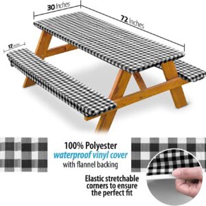 8ft Picnic Table Covers with Bench Cover 96"x30" , 8 Foot Tables Picnic Table Cover 3-Piece Set Flannel Backing Elastic Edge Waterproof Wipeable Plastic Cover for Indoor Outdoor Patio