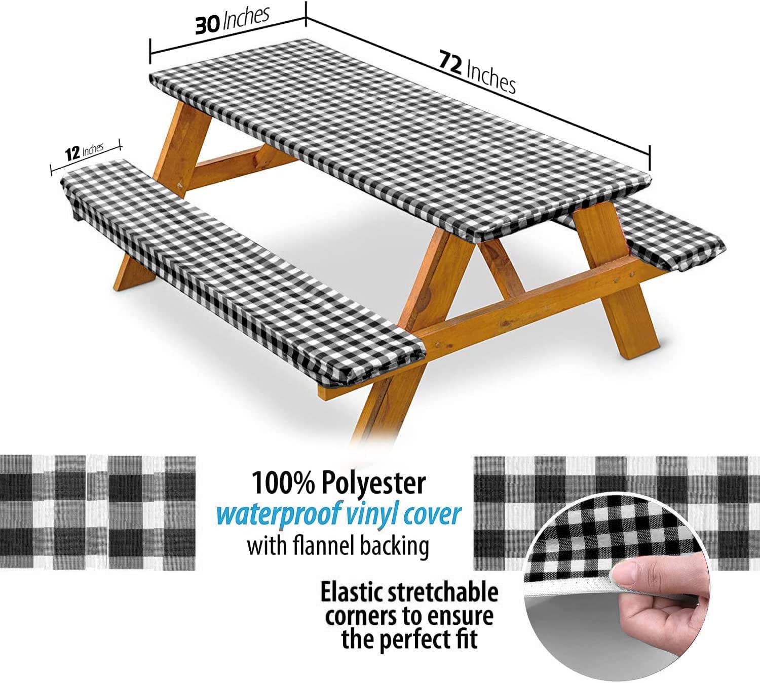 8ft Picnic Table Covers with Bench Cover 96"x30" , 8 Foot Tables Picnic Table Cover 3-Piece Set Flannel Backing Elastic Edge Waterproof Wipeable Plastic Cover for Indoor Outdoor Patio