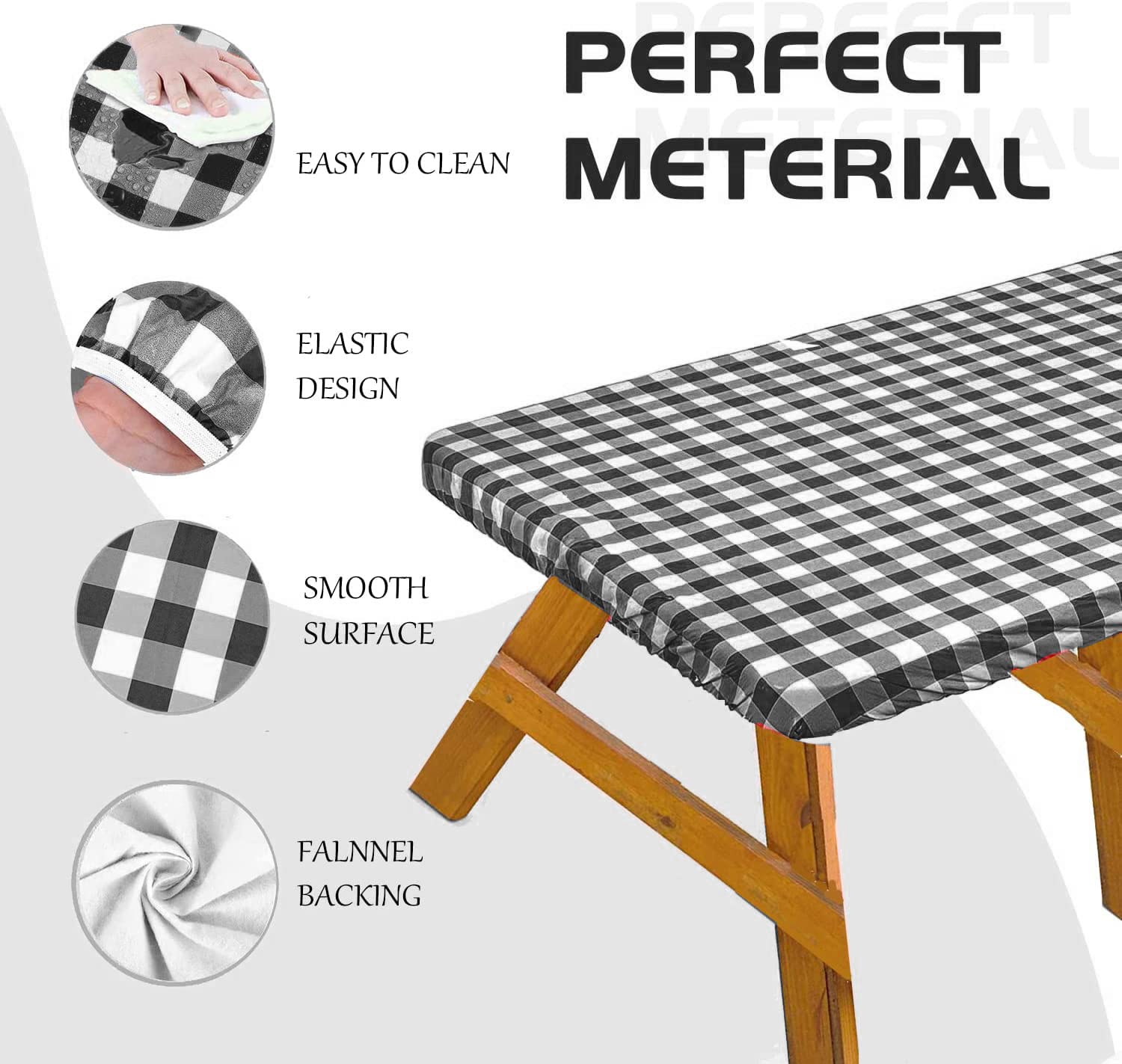 8ft Picnic Table Covers with Bench Cover 96"x30" , 8 Foot Tables Picnic Table Cover 3-Piece Set Flannel Backing Elastic Edge Waterproof Wipeable Plastic Cover for Indoor Outdoor Patio