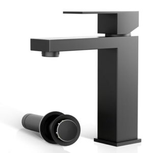 phiestina 4 inch black single hole bathroom faucet single handle vanity faucet matte black bathroom faucet for sink 1 hole with metal drain with overflow & water supply line, bf3530-mb