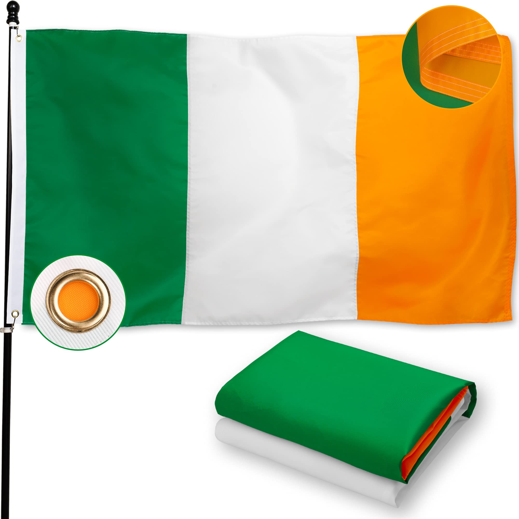 POZOY Deluxe 3x5 ft Irish Flag for Outside, Double Sided Ireland Flags Longest Lasting, Heavy Duty Nylon, Sewn Stripes, Brass Grommets Perfect for Outdoors!