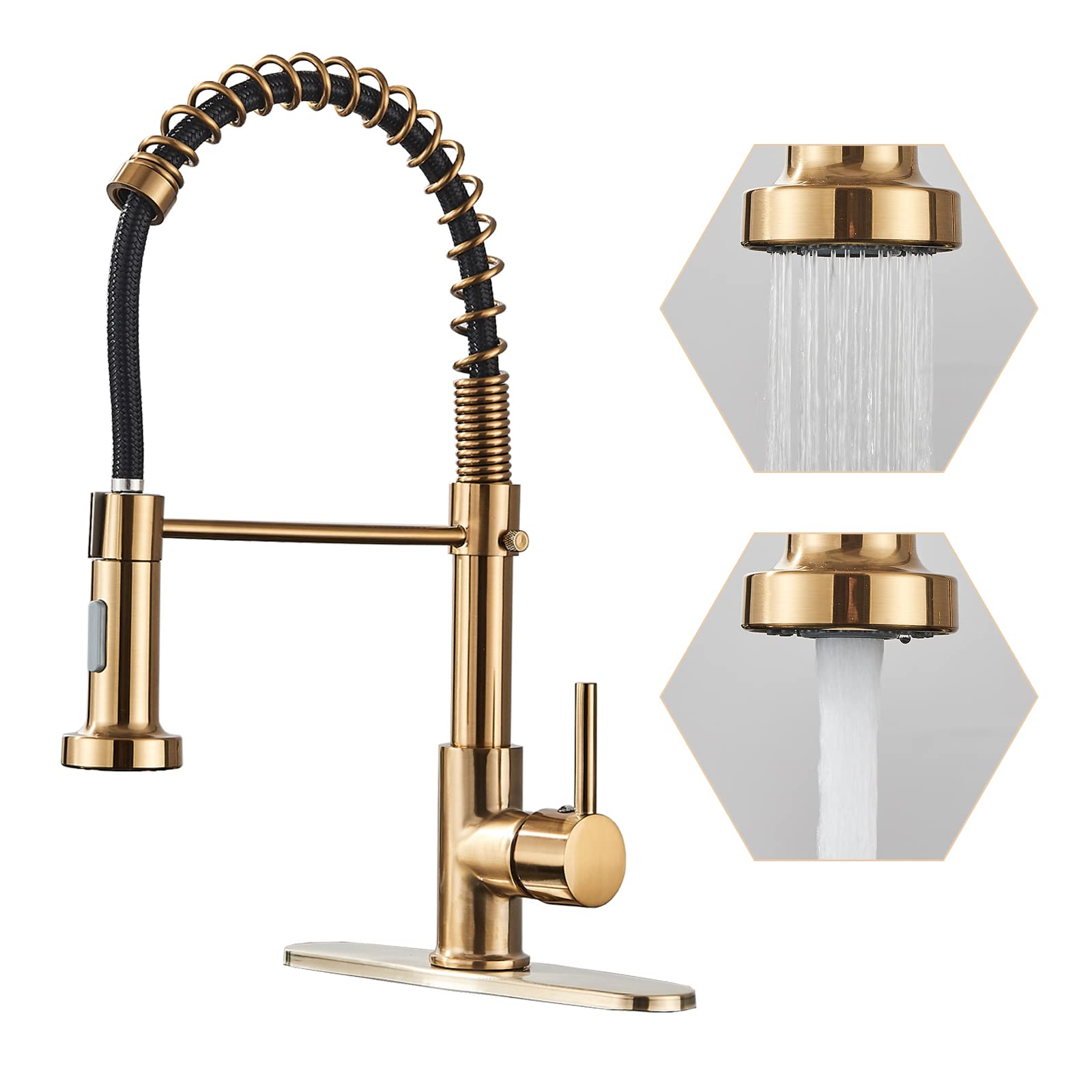 DanPiang Gold Kitchen Faucet,Commercial Stainless Steel Single Handle Pull Down Kitchen Sink Faucet with Deck Plate,Brushed Gold