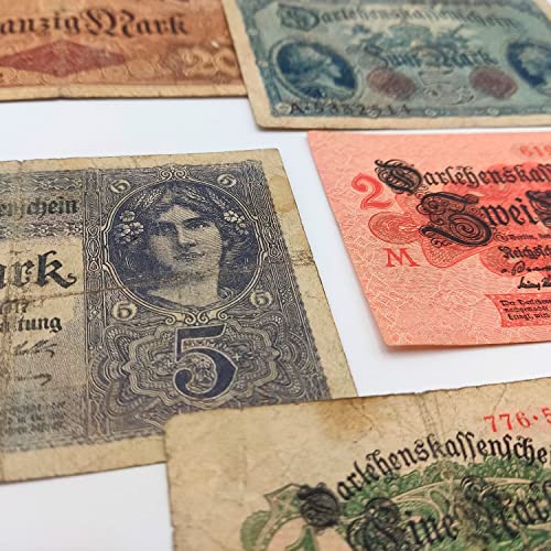 WWI German Empire Collection - 7 banknotes Issued from 1914 to 1918. Certificate of Authenticity Included