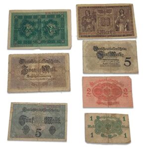 WWI German Empire Collection - 7 banknotes Issued from 1914 to 1918. Certificate of Authenticity Included