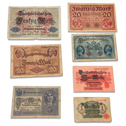 WWI German Empire Collection - 7 banknotes Issued from 1914 to 1918. Certificate of Authenticity Included