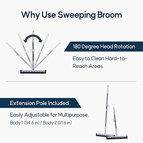 UpgradeWith Sweeping Broom 3 Detachable Rods | Multifunctional Silicone Broom - Floor & Carpet Sweeper, Dog & Pet Hair Remover| Extendable, Hangable, Washable (2 Steps Extension)