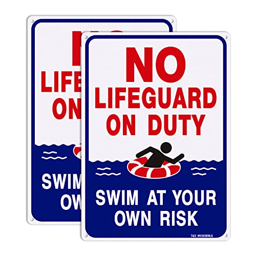 T&R No Lifeguard On Duty Sign, Swim At Your Own Risk, Pool Sign,2 Pack,14"x10" .040 Rust Free Heavy Aluminum, Reflective, Waterproof, 4 pre-drilled holes, Easy to Mount