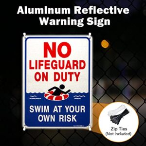 T&R No Lifeguard On Duty Sign, Swim At Your Own Risk, Pool Sign,2 Pack,14"x10" .040 Rust Free Heavy Aluminum, Reflective, Waterproof, 4 pre-drilled holes, Easy to Mount