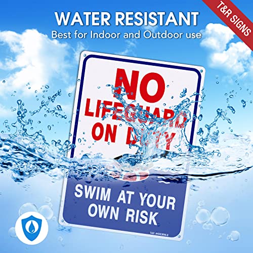 T&R No Lifeguard On Duty Sign, Swim At Your Own Risk, Pool Sign,2 Pack,14"x10" .040 Rust Free Heavy Aluminum, Reflective, Waterproof, 4 pre-drilled holes, Easy to Mount