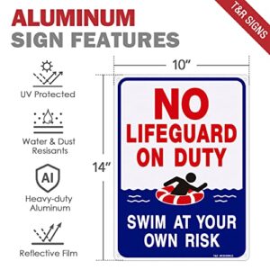 T&R No Lifeguard On Duty Sign, Swim At Your Own Risk, Pool Sign,2 Pack,14"x10" .040 Rust Free Heavy Aluminum, Reflective, Waterproof, 4 pre-drilled holes, Easy to Mount