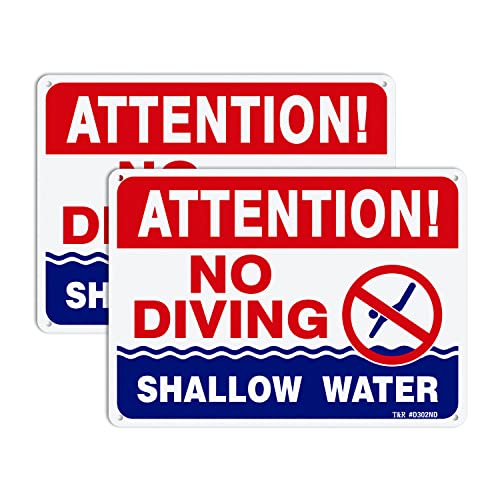 T&R No Diving Sign Shallow Water - 2 Pack - 10"x7" .040 Rust Free Heavy Aluminum, Reflective, Waterproof, Weatherproof and Fade Resistant, 4 pre-drilled holes, Easy to Mount