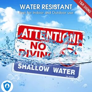 T&R No Diving Sign Shallow Water - 2 Pack - 10"x7" .040 Rust Free Heavy Aluminum, Reflective, Waterproof, Weatherproof and Fade Resistant, 4 pre-drilled holes, Easy to Mount