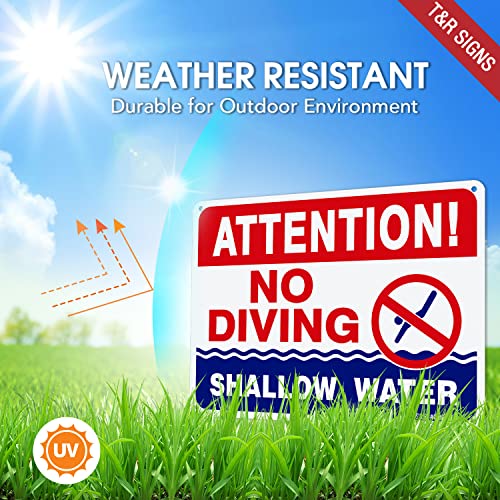 T&R No Diving Sign Shallow Water - 2 Pack - 10"x7" .040 Rust Free Heavy Aluminum, Reflective, Waterproof, Weatherproof and Fade Resistant, 4 pre-drilled holes, Easy to Mount