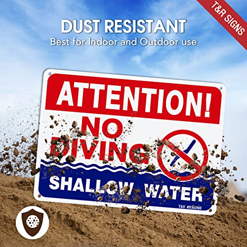 T&R No Diving Sign Shallow Water - 2 Pack - 10"x7" .040 Rust Free Heavy Aluminum, Reflective, Waterproof, Weatherproof and Fade Resistant, 4 pre-drilled holes, Easy to Mount