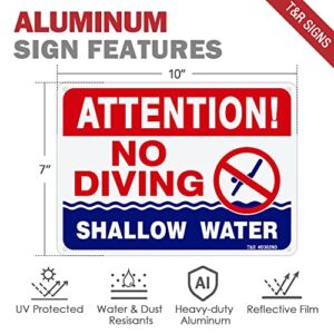 T&R No Diving Sign Shallow Water - 2 Pack - 10"x7" .040 Rust Free Heavy Aluminum, Reflective, Waterproof, Weatherproof and Fade Resistant, 4 pre-drilled holes, Easy to Mount