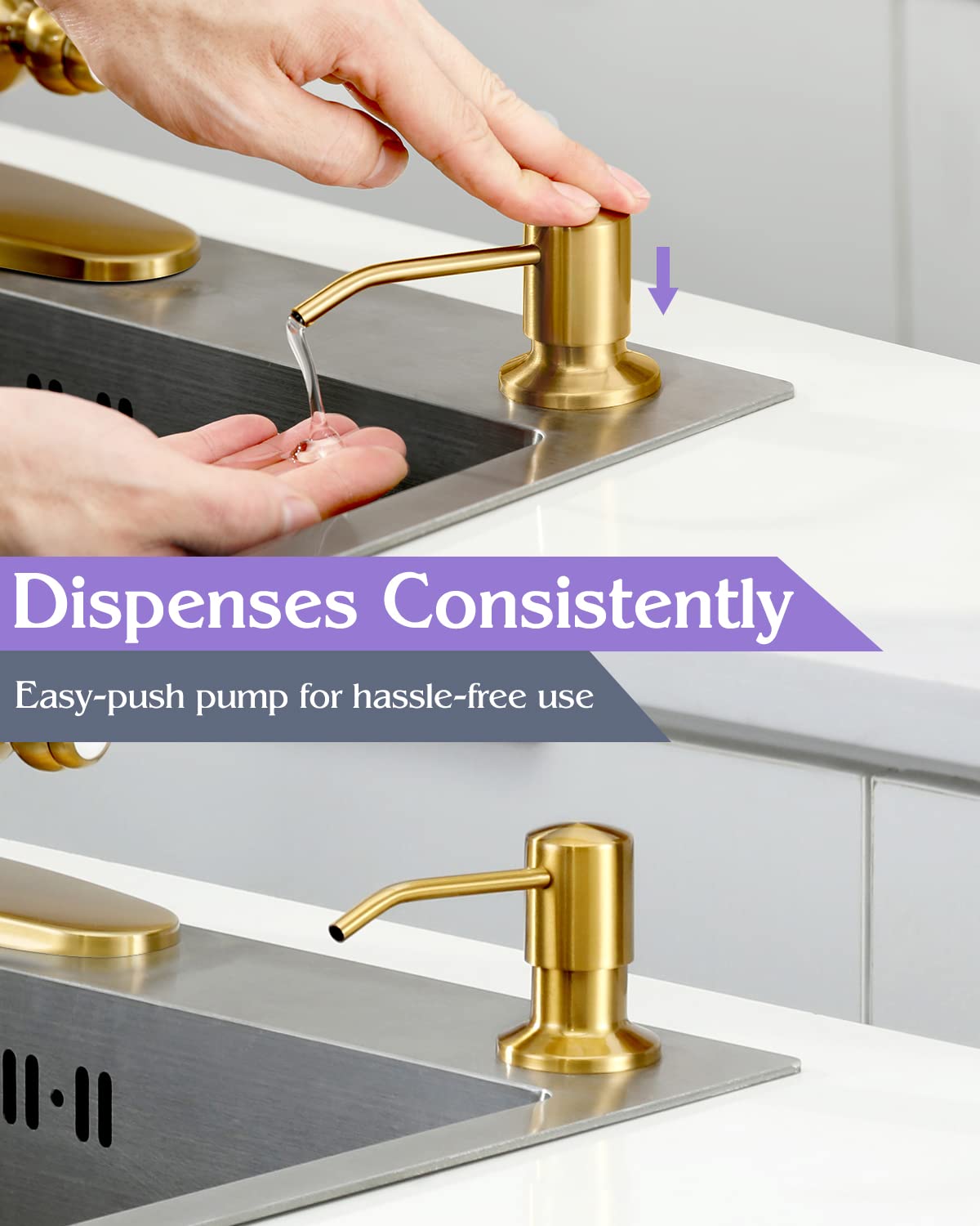 Hoanmpy Soap Dispenser for Kitchen Sink Brushed Gold, Built in Stainless Steel Kitchen Soap Dispenser, Refill from The Top,in Counter Kitchen Sink Soap Dispenser,17 oz