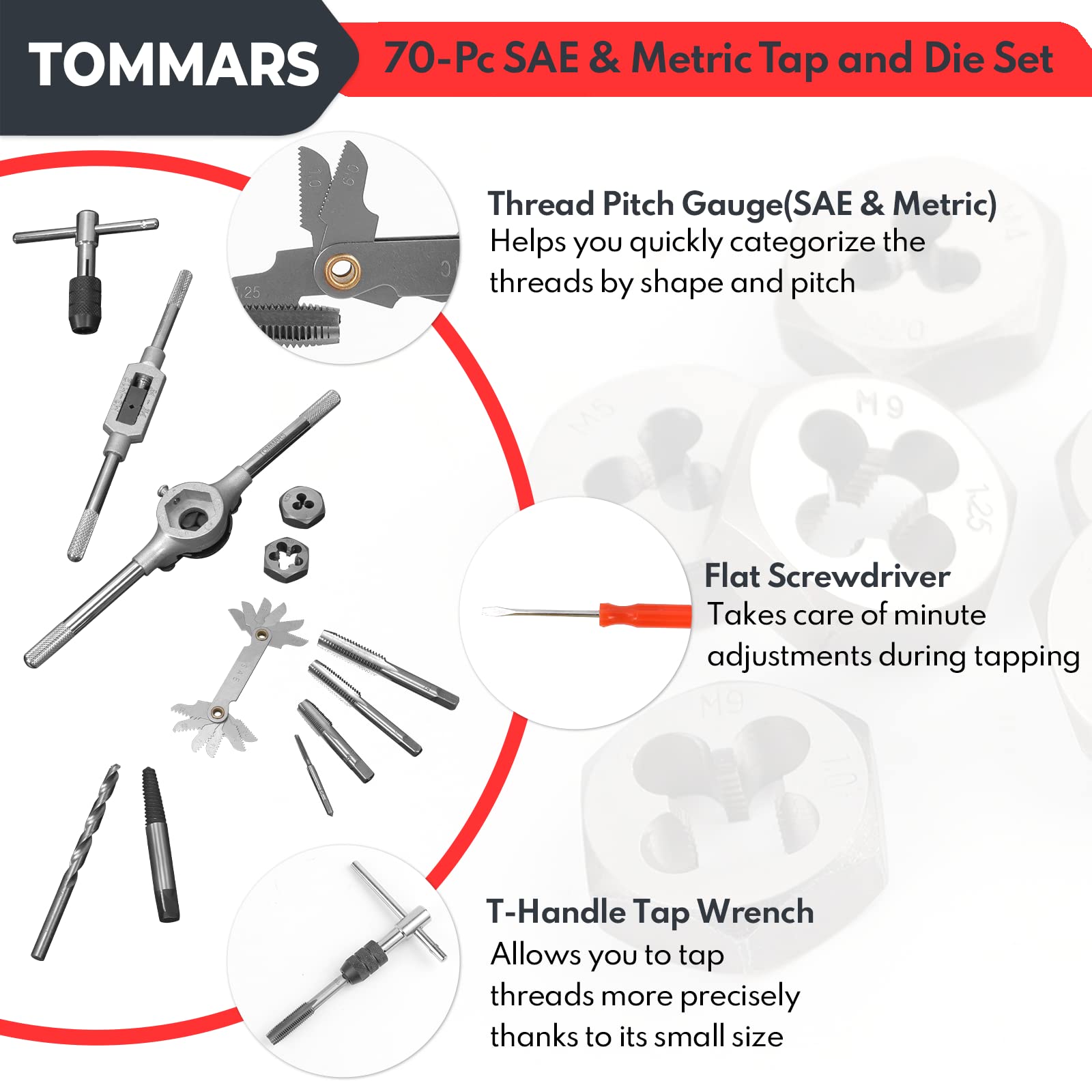 TOMMARS 70-Pc Tap and Die Set, SAE & Metric Hex Thread Taps Dies Wrench Metric Sizes M3 to M12 & Standard Sizes #4 to 1/2" Type NC NF NPT