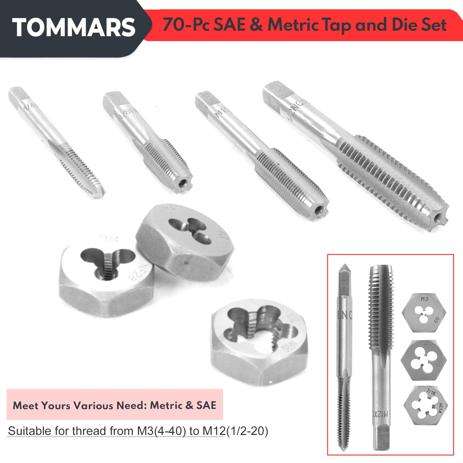 TOMMARS 70-Pc Tap and Die Set, SAE & Metric Hex Thread Taps Dies Wrench Metric Sizes M3 to M12 & Standard Sizes #4 to 1/2" Type NC NF NPT