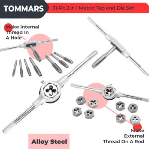 TOMMARS 70-Pc Tap and Die Set, SAE & Metric Hex Thread Taps Dies Wrench Metric Sizes M3 to M12 & Standard Sizes #4 to 1/2" Type NC NF NPT