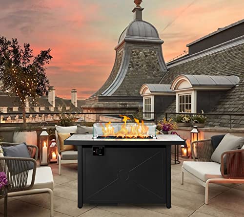 AVAWING Propane Fire Pit, 42 inch 60,000 BTU Gas Firepit Table with Glass Wind Guard, Table Lid, Fire Glass, Waterproof Cover, Outdoor Fireplace for Garden, Patio, Backyard (Dark Black)