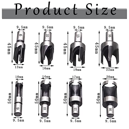 Ruibapa 8PCS Wood Plug Cutter Drill Bit Set 5/8" 1/2" 3/8" 1/4 "(6mm 10mm 13mm 16mm) Straight and Tapered Taper Woodworking Cutting Tool Drill Bit P-021