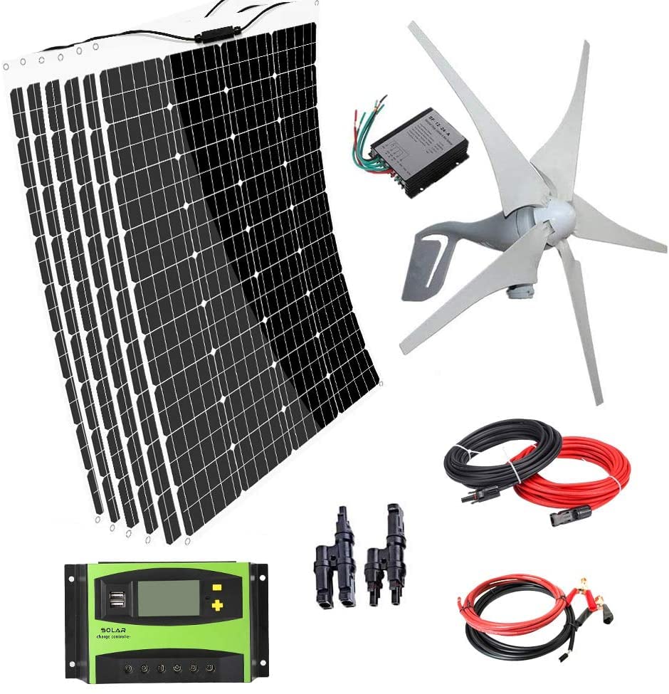 AUECOOR 1120W Hybrid System Kit: 400W Wind Turbine & 6pcs 120W Flexible Solar Panel + Solar Controller + Accessories for Home Use