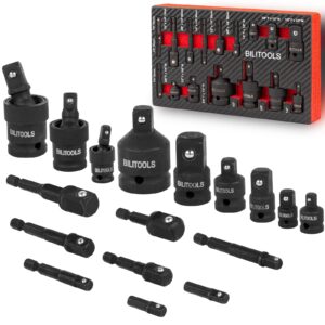 bilitools socket adapter set 17 piece includes reducer, universal joint socket set, drill adapter 1/4" 3/8" 1/2"