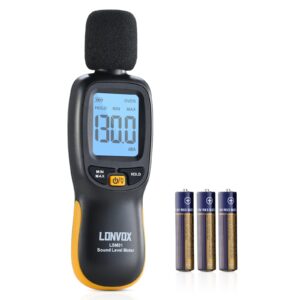 decibel meter, lonvox digital sound level meter with 30 to 130 dba measuring range, backlit lcd display, max/min noise measurement, data hold, spl meter for classroom, noisy neighbor, office, factory