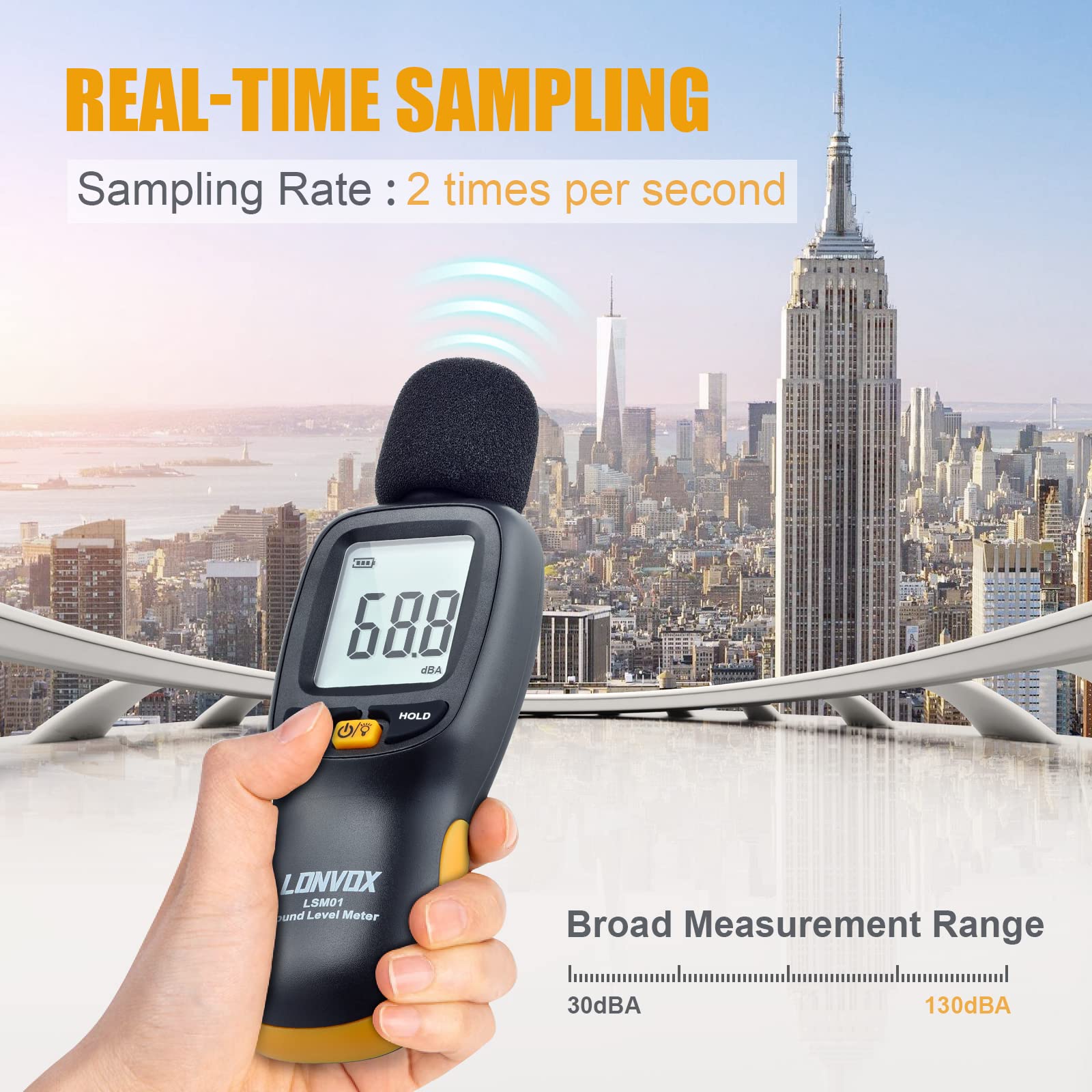 Decibel Meter, LONVOX Digital Sound Level Meter with 30 to 130 dBA Measuring Range, Backlit LCD Display, MAX/MIN Noise Measurement, Data Hold, SPL Meter for Classroom, Noisy Neighbor, Office, Factory