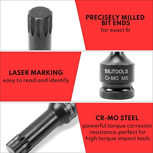 BILITOOLS 8-Piece Impact XZN Triple Square Spline Bit Socket Set 1/2 inch Drive, M5-M18, Cr-Mo Steel