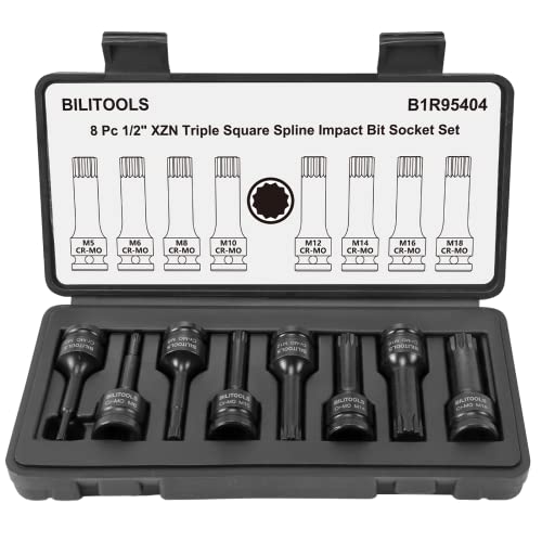 BILITOOLS 8-Piece Impact XZN Triple Square Spline Bit Socket Set 1/2 inch Drive, M5-M18, Cr-Mo Steel