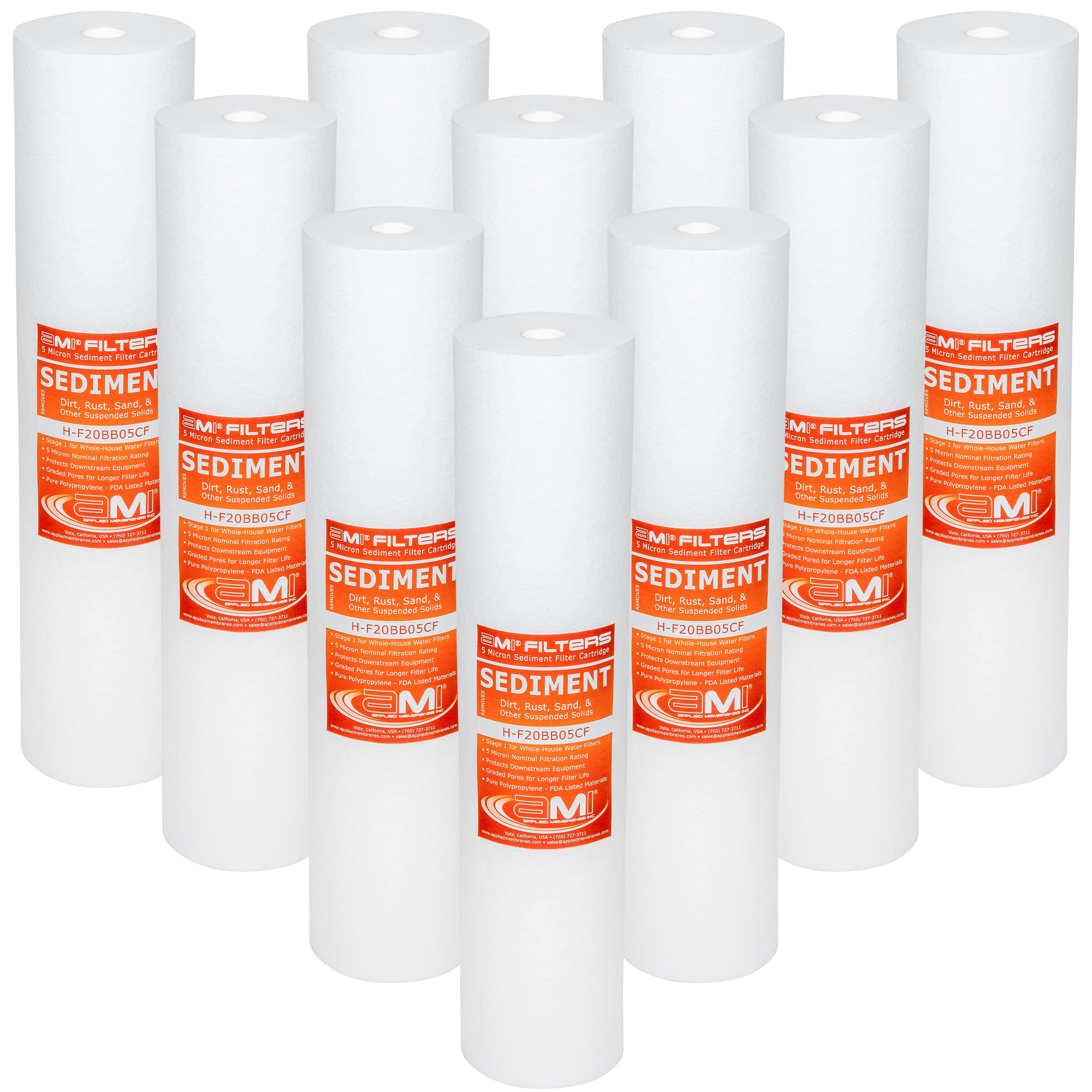 10 PACK | APPLIED MEMBRANES INC. 5 Micron Sediment Filter Replacement | 20" Whole House Sediment Filter | Depth Filter Removes Rust, Dirt, Sand, Silt, and Suspended Solids | H-F20BB05CF Box of 10