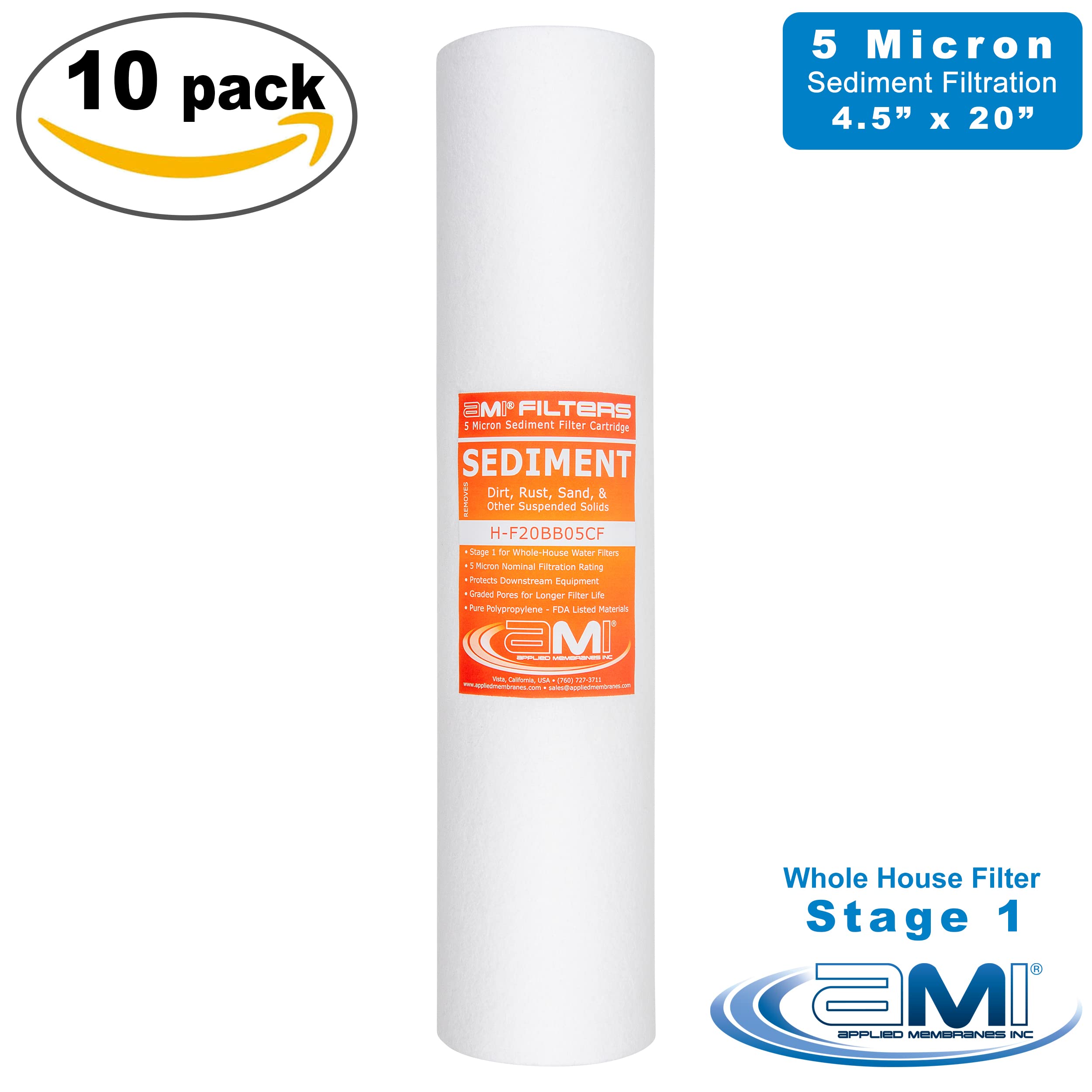 10 PACK | APPLIED MEMBRANES INC. 5 Micron Sediment Filter Replacement | 20" Whole House Sediment Filter | Depth Filter Removes Rust, Dirt, Sand, Silt, and Suspended Solids | H-F20BB05CF Box of 10